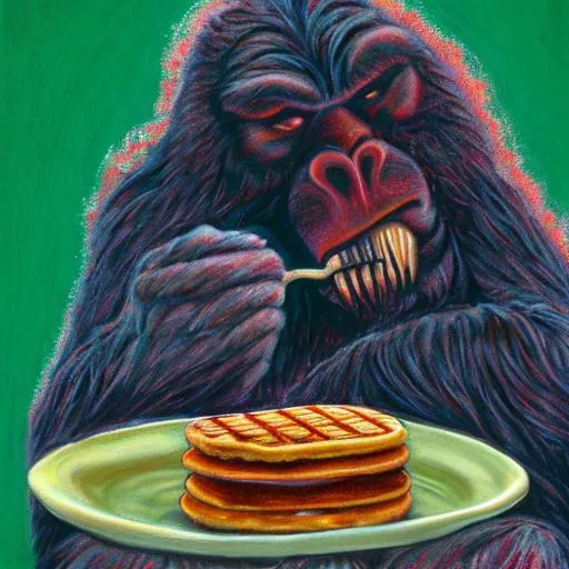 Bigfoot eating waffles pastel painting