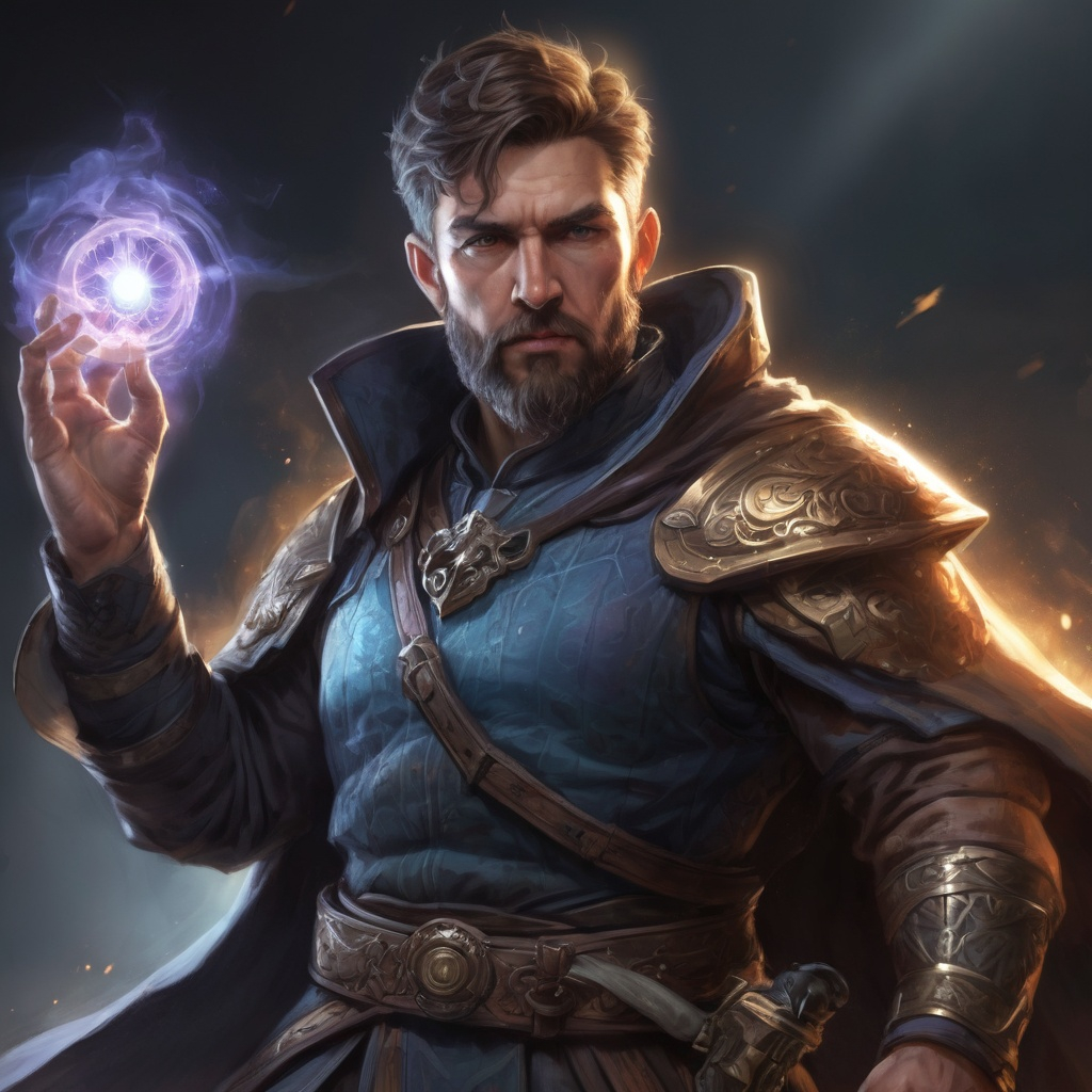 Male stocky large mature fit battle-mage with short-...