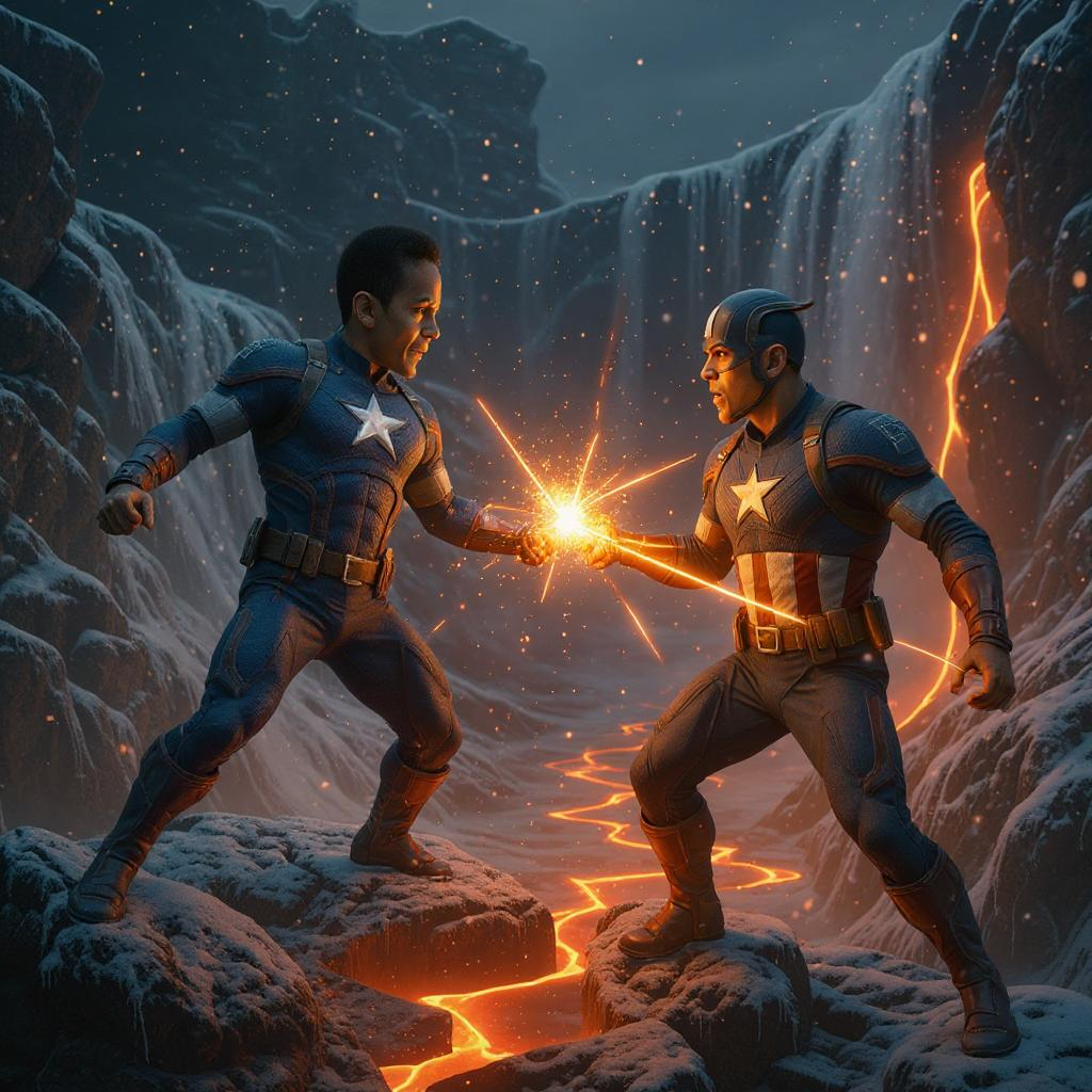 A superhero in a glowing neon suit clashes with Capt...