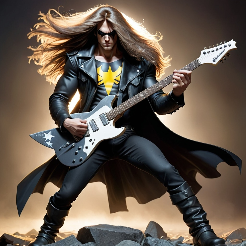 super hero. guitar power man,long hair, black jaket,...