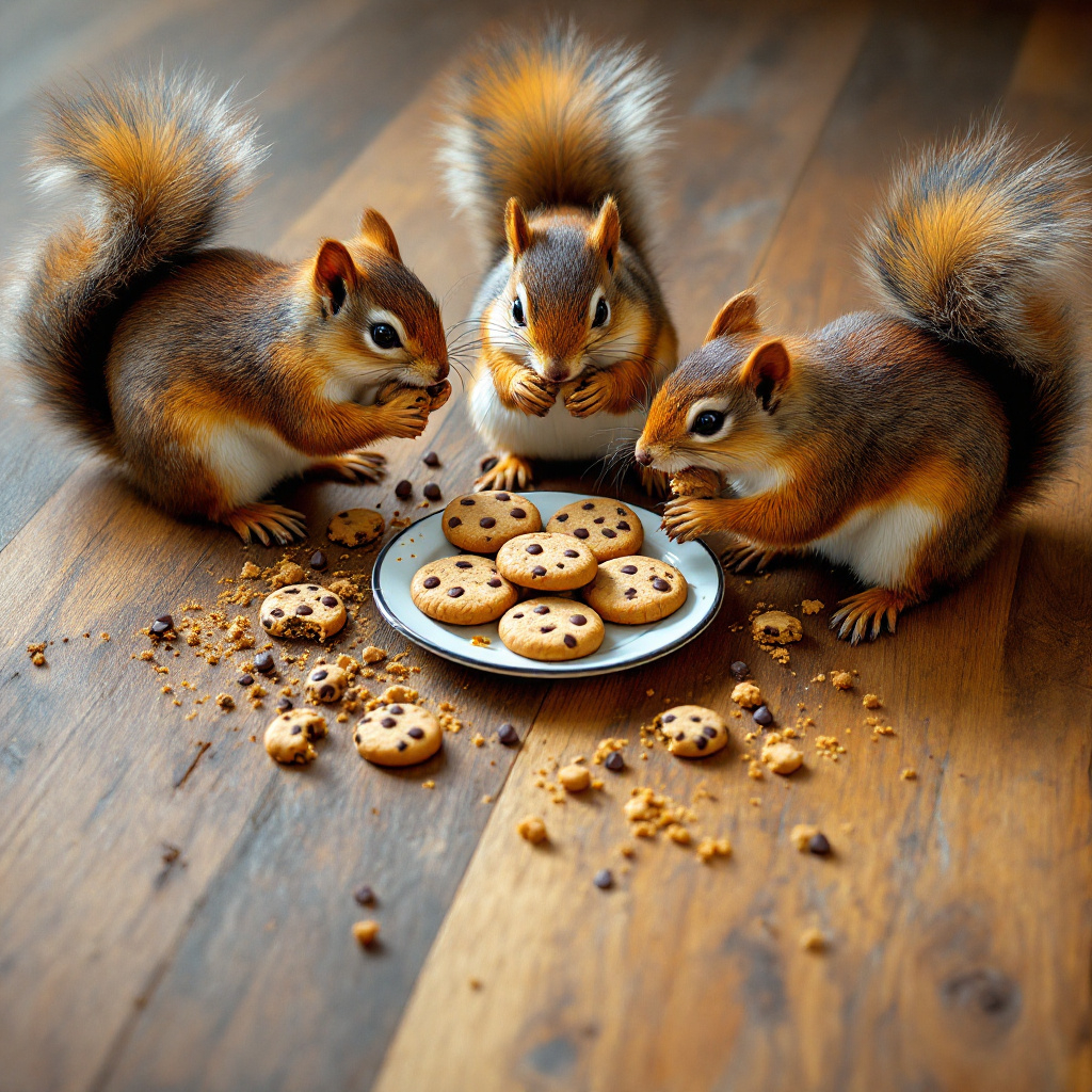 Squirrels on a kitchen floor eating cookies