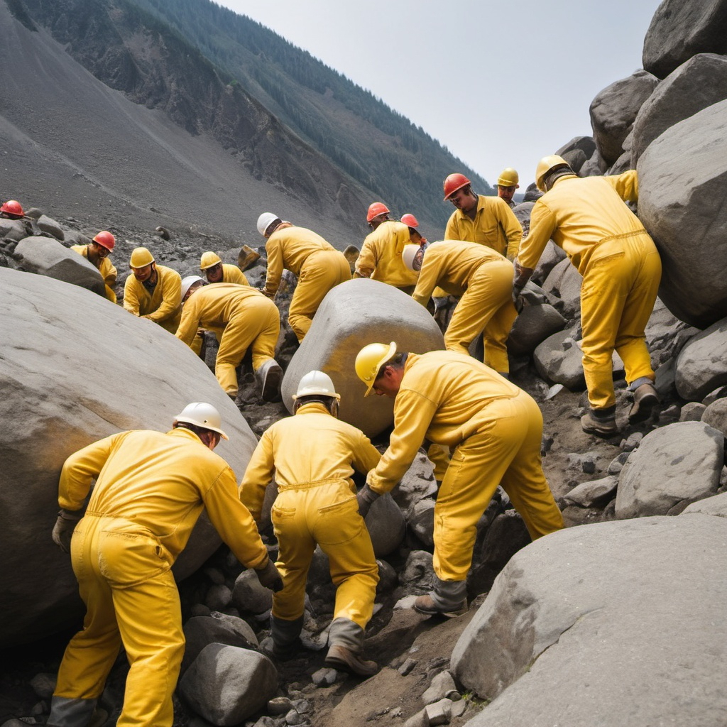 many workers in yellow coveralls pushing a boulder u...