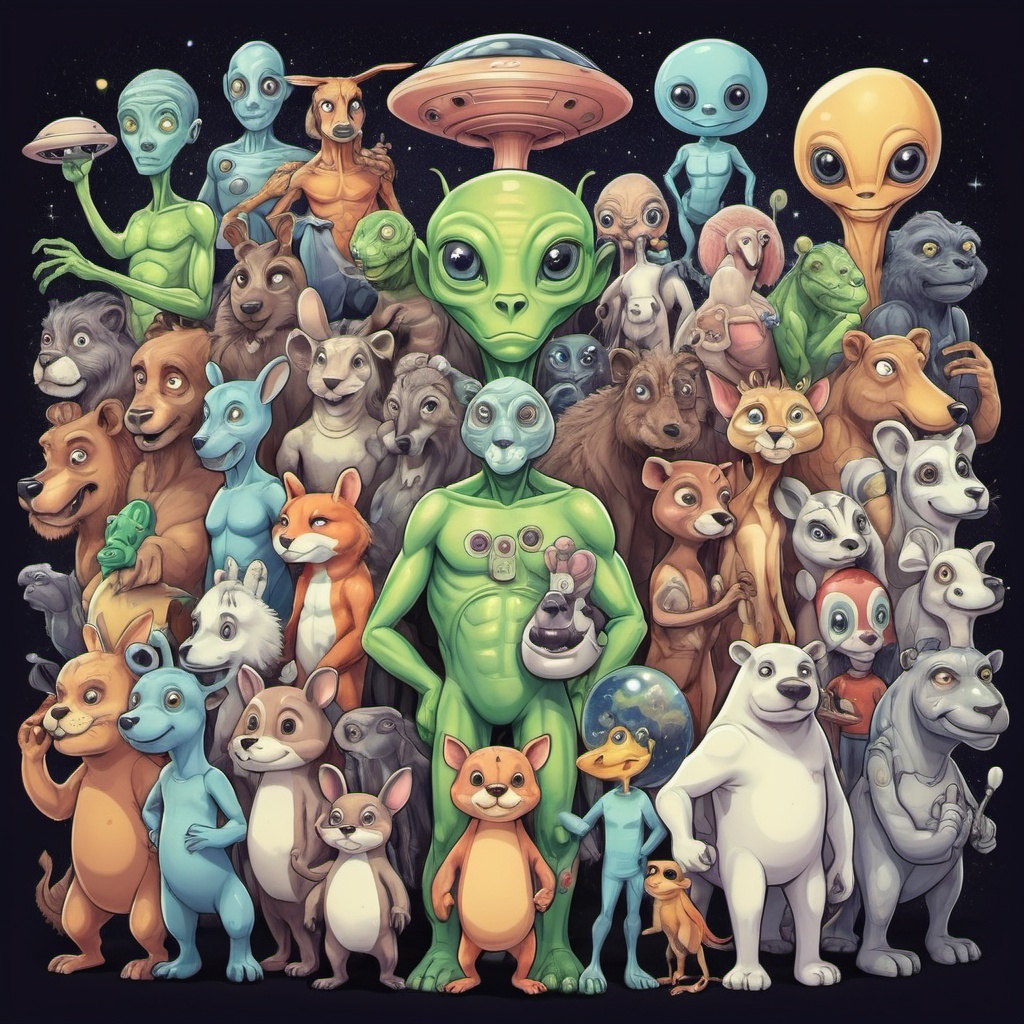 Animals and aliens and humans all drawing cartoons t...