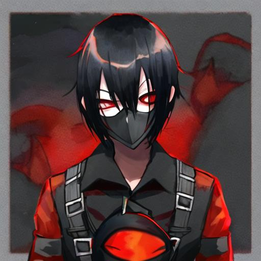 Pyro (black hair) (red eyes) wearing a gasmask