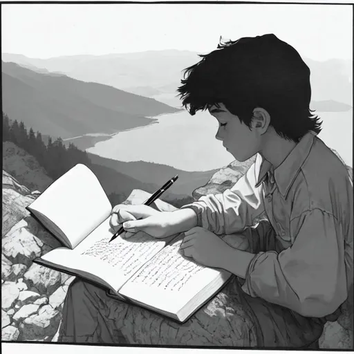 boy 13, writing intently in a notebook, while sittin...