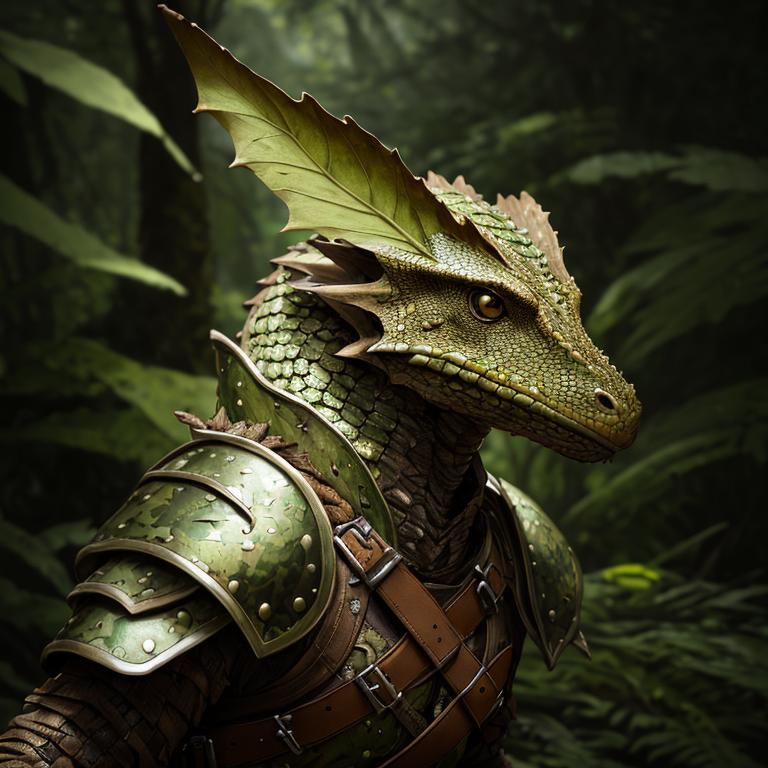 portrait of a (Green and Brown dragonborn Ranger hun...