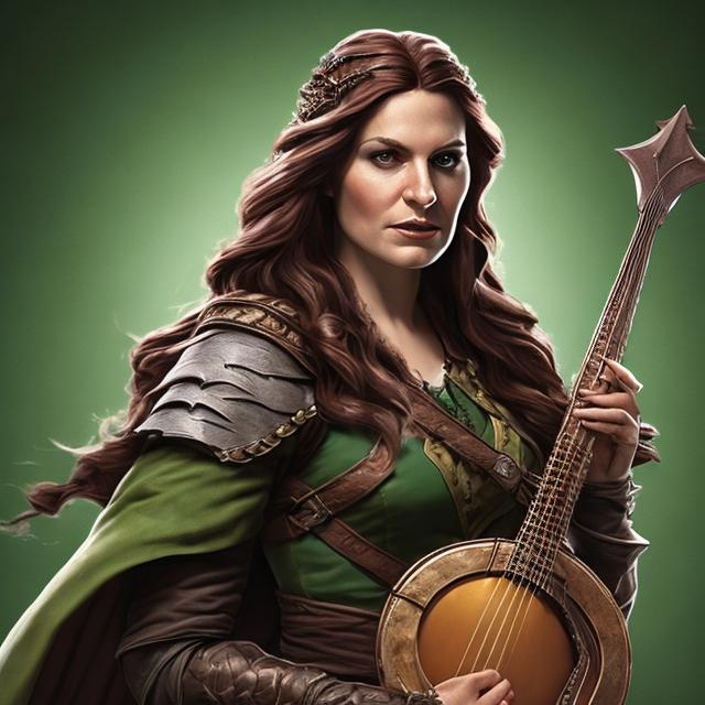 dnd character photo, cunning fierce female bard dark...