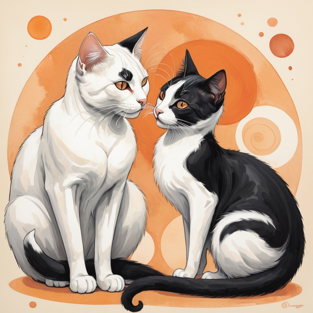 Two charming cats sit close together, their expressi...