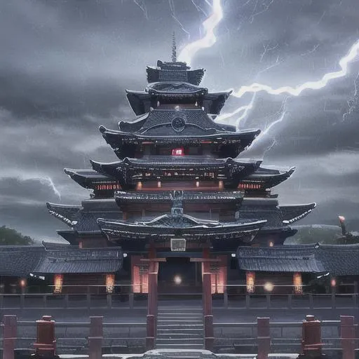 front view, ancient old mythology structure, thunder...