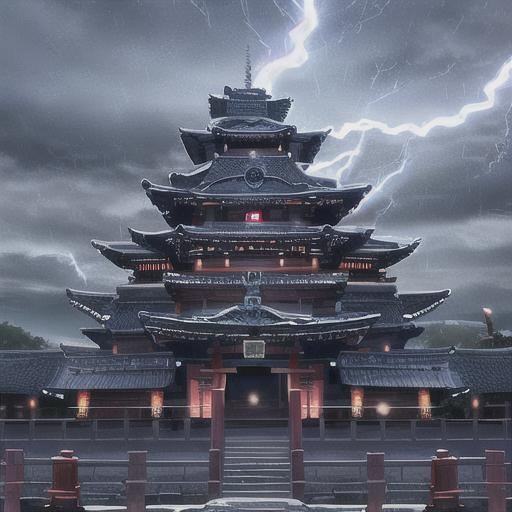 front view, ancient old mythology structure, thunder...
