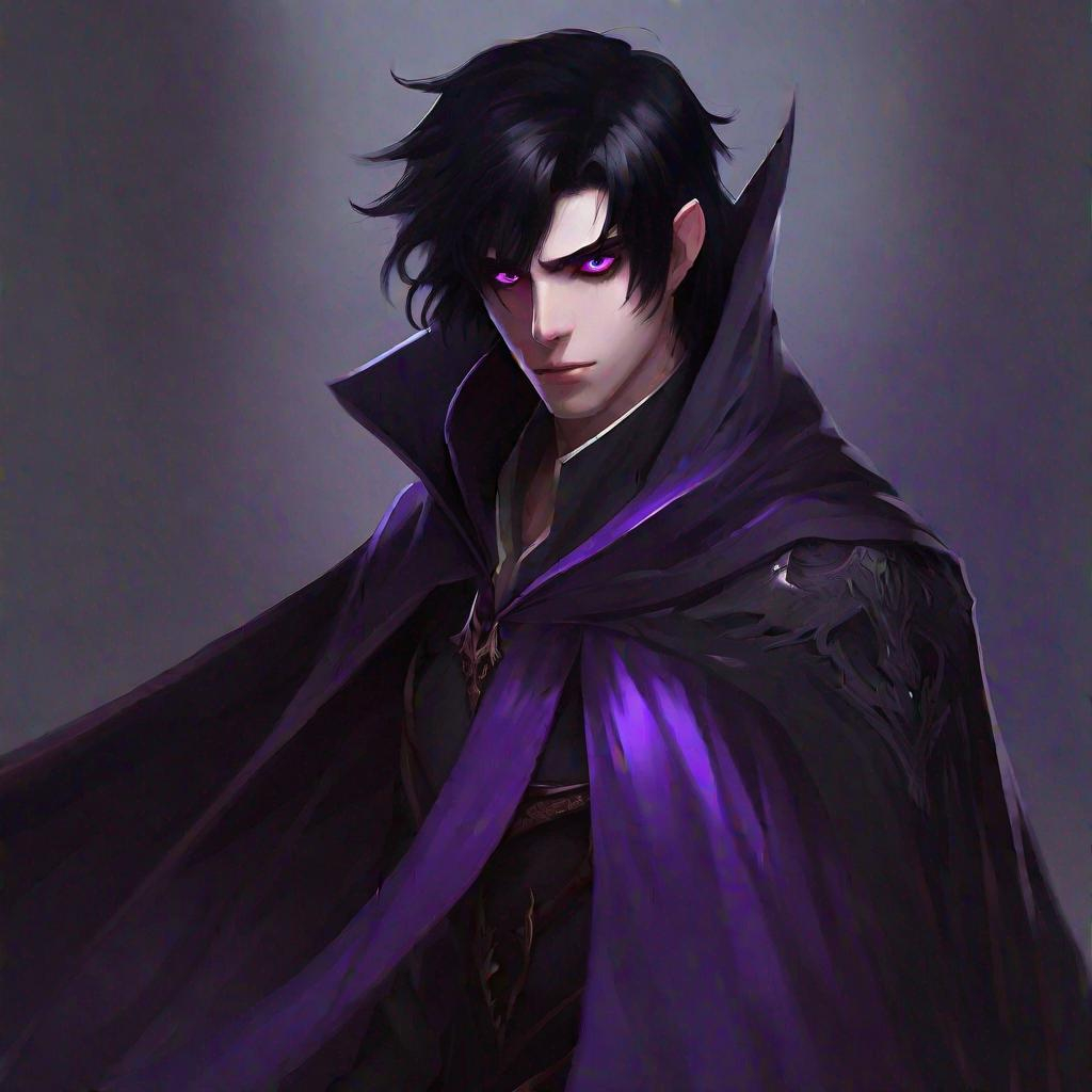 Desmosin (male, black hair, purple eyes) wearing a c...