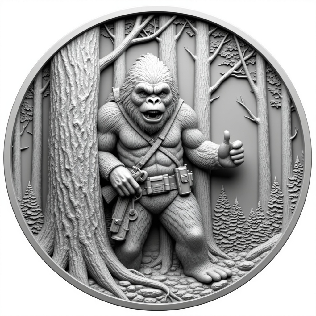 Sasquatch peeking behind a tree in a forest giving a...