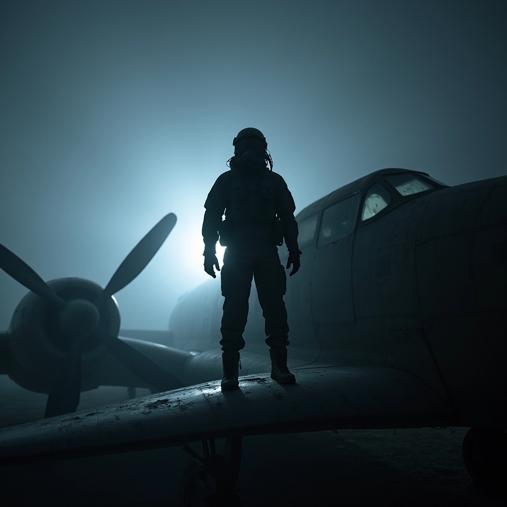 The silhouette of a jet fighter pilot wearing a helm...
