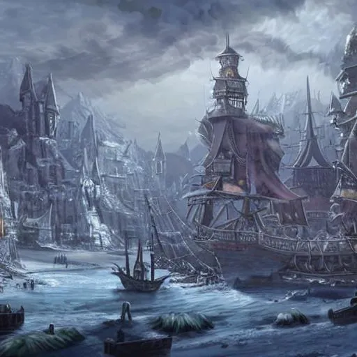 A fantasy frozen harbour city, full of pirates and p... | OpenArt