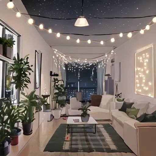apartment plants night string lights | OpenArt