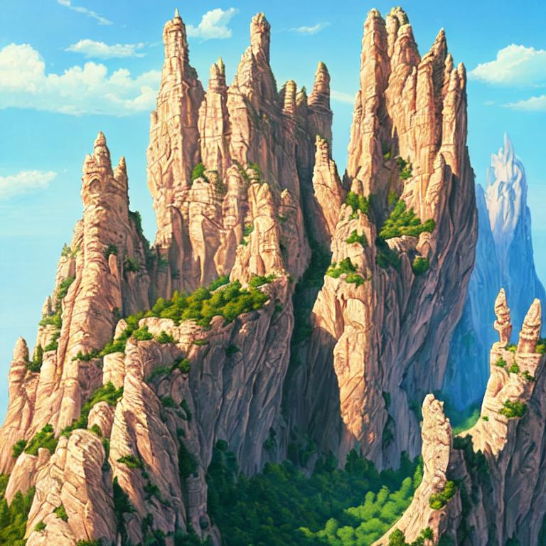 A painting of a rock castle wall with towers and a p... | OpenArt