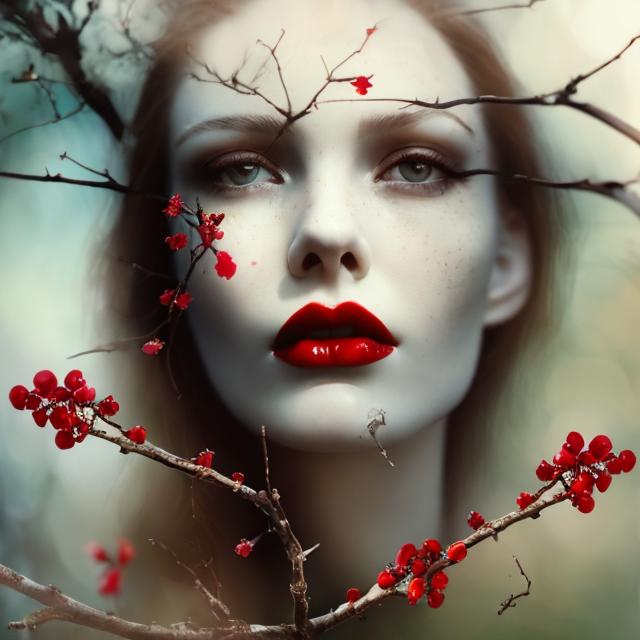 Double exposure of a woman's face with ruby red lips... | OpenArt