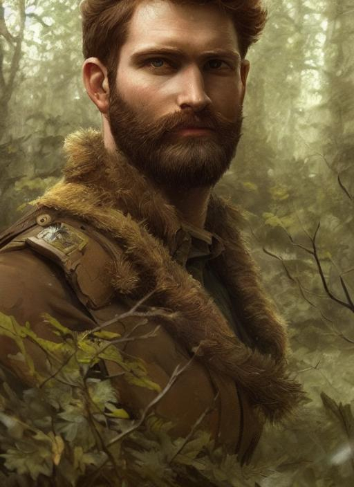 Portrait of male ranger with dark ginger hair and be... | OpenArt