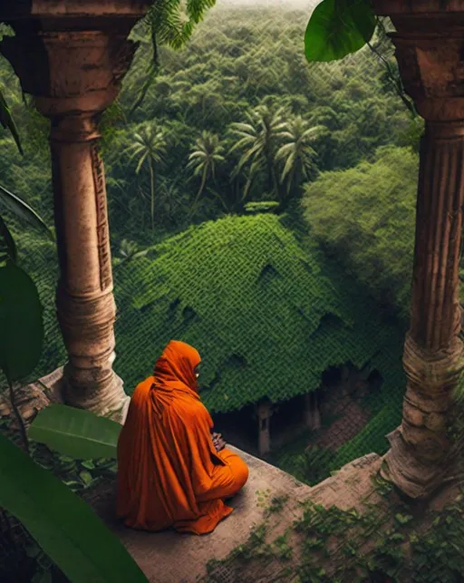 A lone orange-robed monk sits cross-legged in a lush... | OpenArt