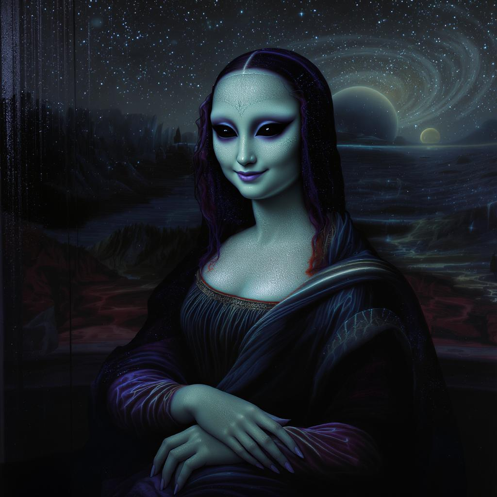 "A mysterious alien version of the Mona Lisa sitting...