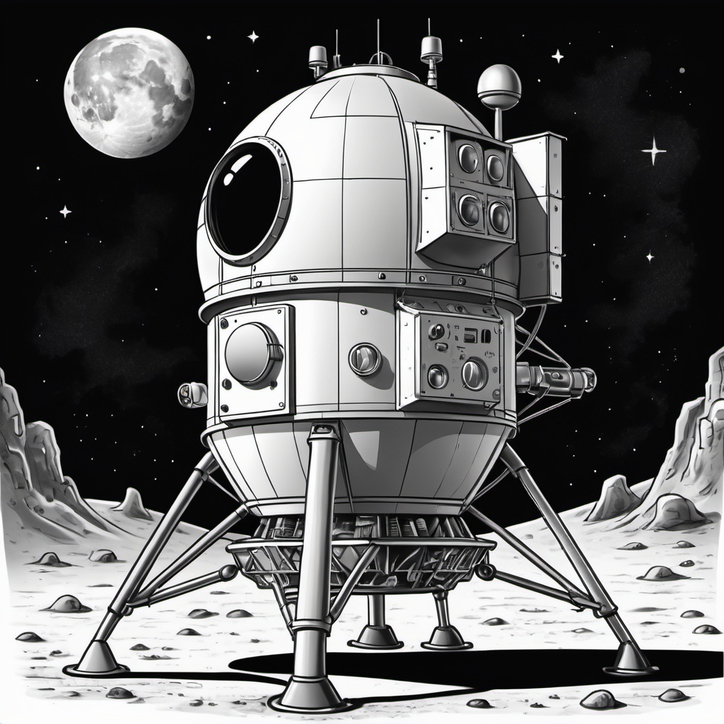 black and white cartoon hand drawing of the moon lan...