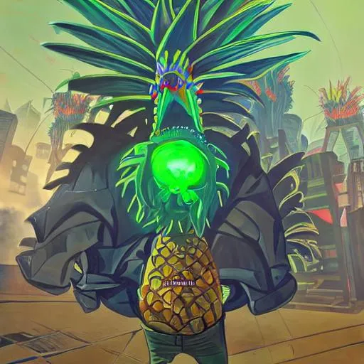 Beautiful steampunk pineapple head playing electric... | OpenArt