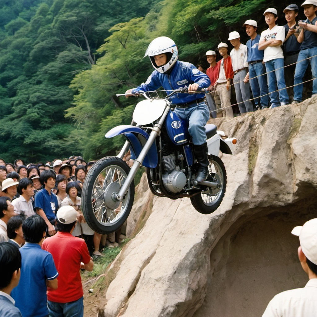 A Japanese Yamaha triple motorcycle jumps off a clif...