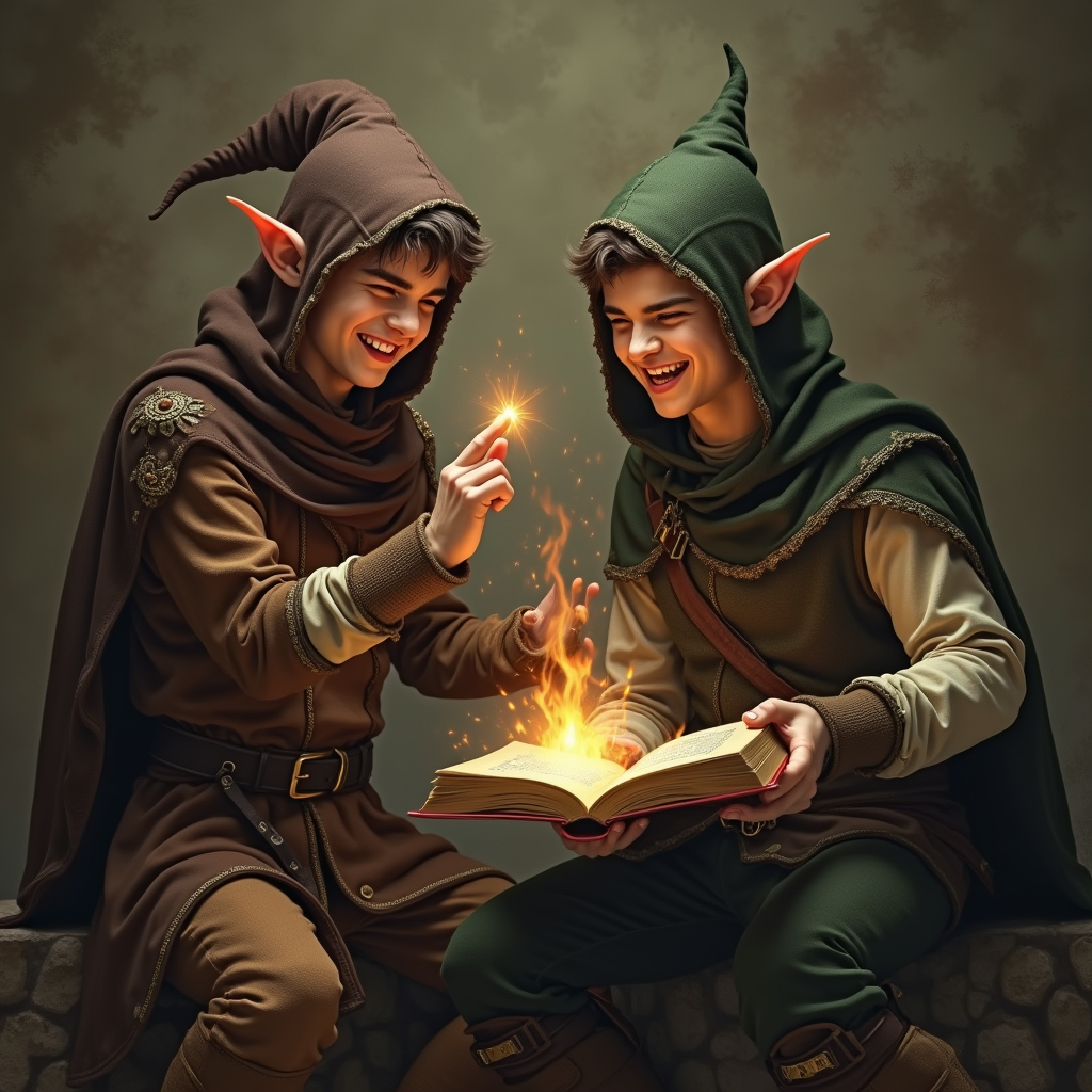 Two male elf thieves with casting magic and turn inv...