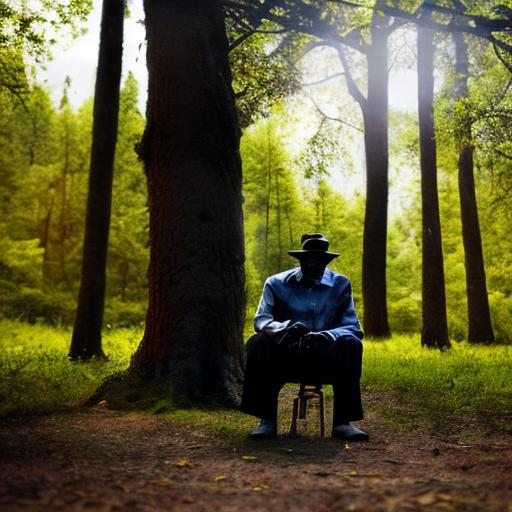 An old black man sitting under a tree in the forest