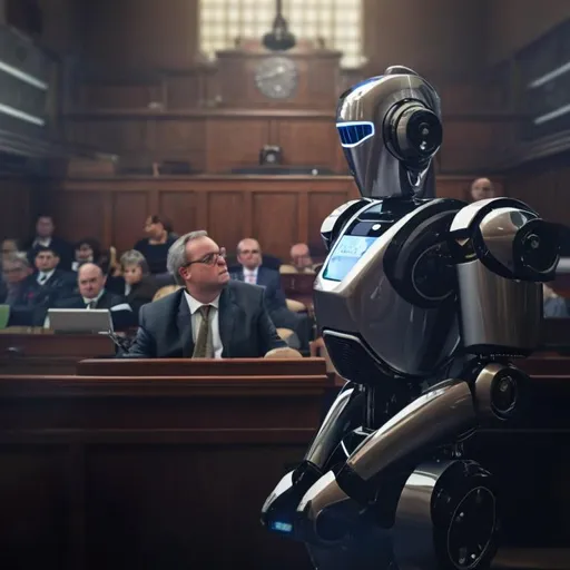 create an image of a AI robot in a courtroom tipping...