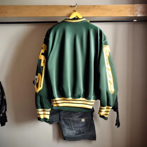inspiring green and gold varsity jacket hanging with...