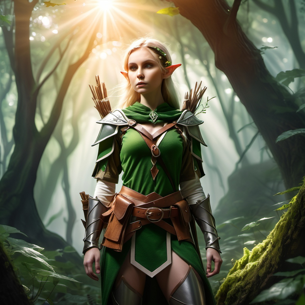 Elf ranger in a mystical forest around sunlight