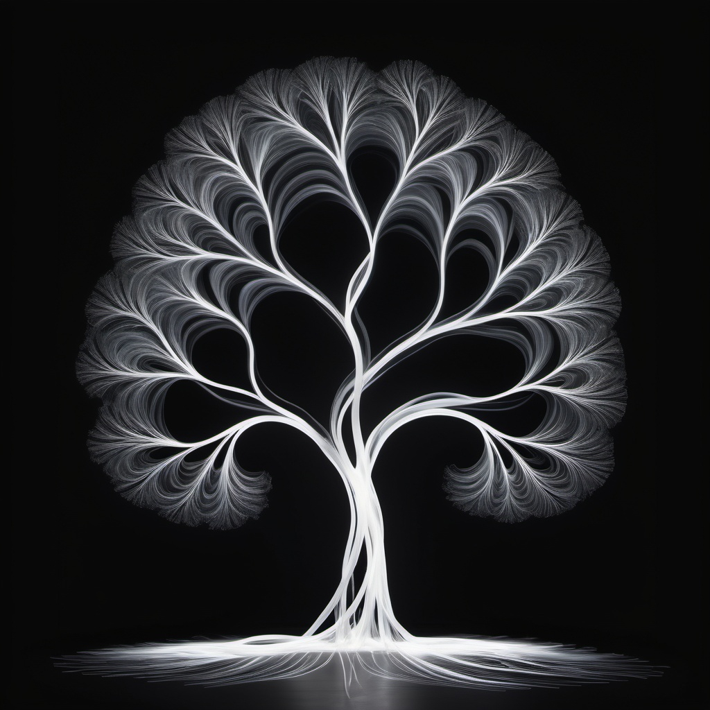 White tree shaped light painting, black backdrop, mi...