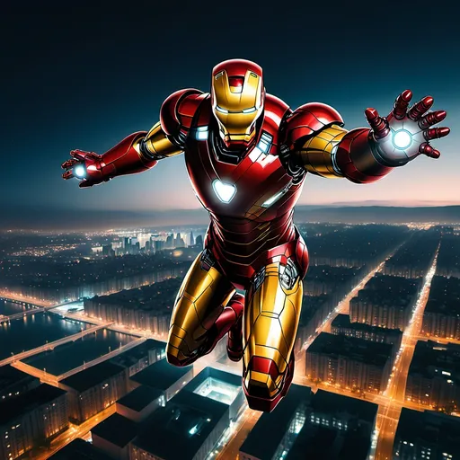 Iron Man flying over a cityscape at night.