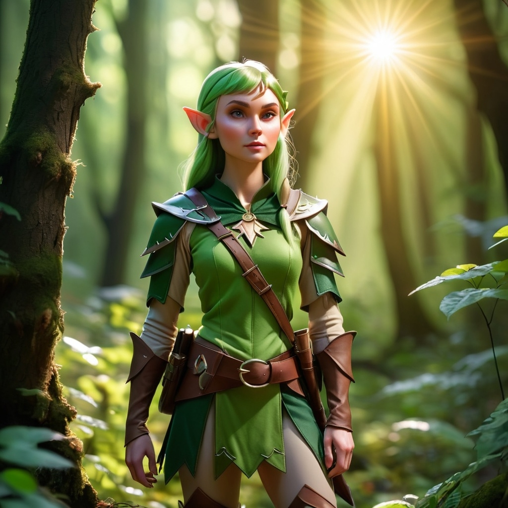 Elf ranger in a mystical forest around sunlight