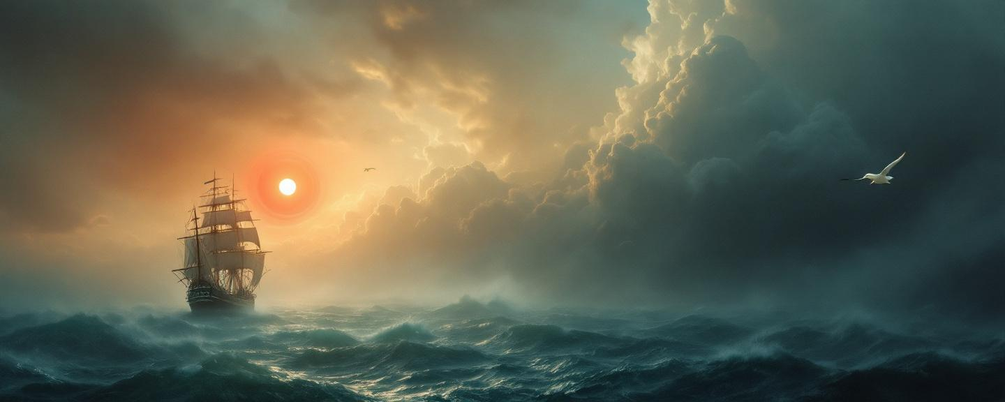 A tilted sail ship in the distance on the left side...