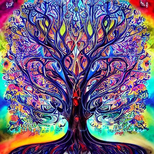 colorful gnarled tree of life, spiral colors in the... | OpenArt