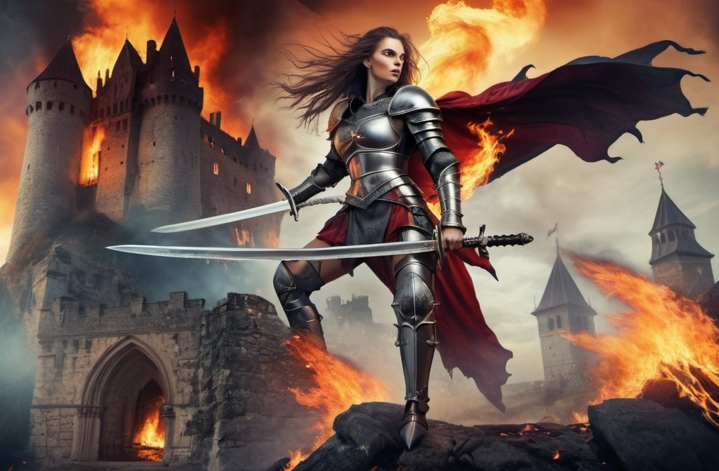 Mystical lady warrior in medieval battle above Dracu...