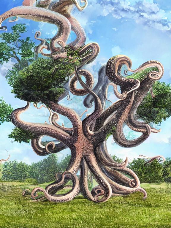 Illustration of the big tree with the huge octopus o...