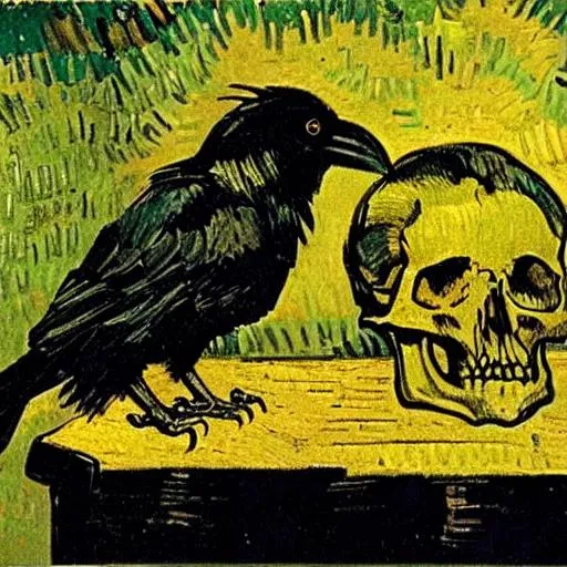 Crow with human skull on top of table, Van Gogh styl... | OpenArt