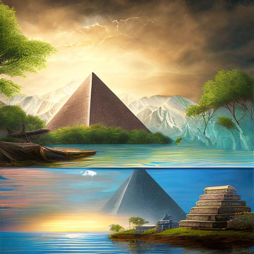 two pyramids in water, digital art scenery painting,... | OpenArt