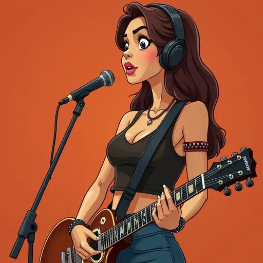 Female rock singer. Brown hair. 70s style animation.