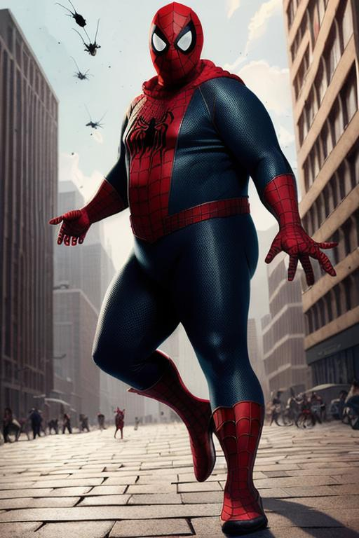 old drunk and fat Spider-man, walking on the roof, f...