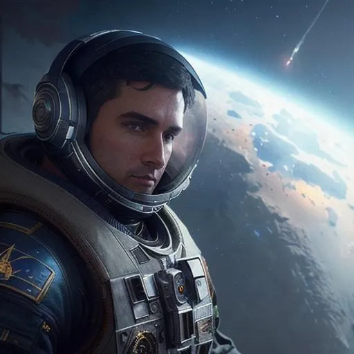 A male space captain with dark hair and a short bear... | OpenArt