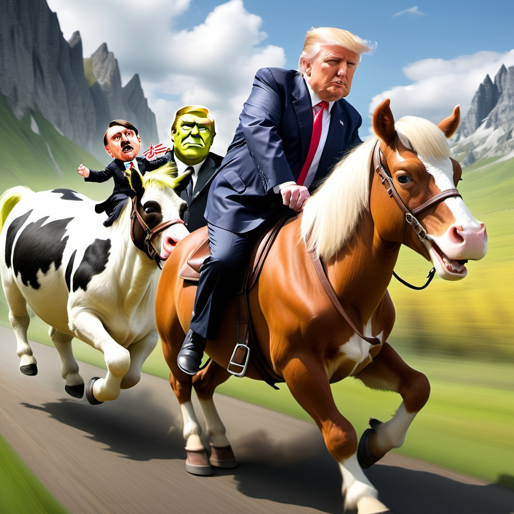 Shrek riding a pony, while Donald Trump is riding a...