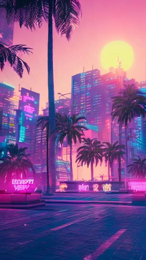 vaporwave city, neon lighting, beautiful sunset, pal...