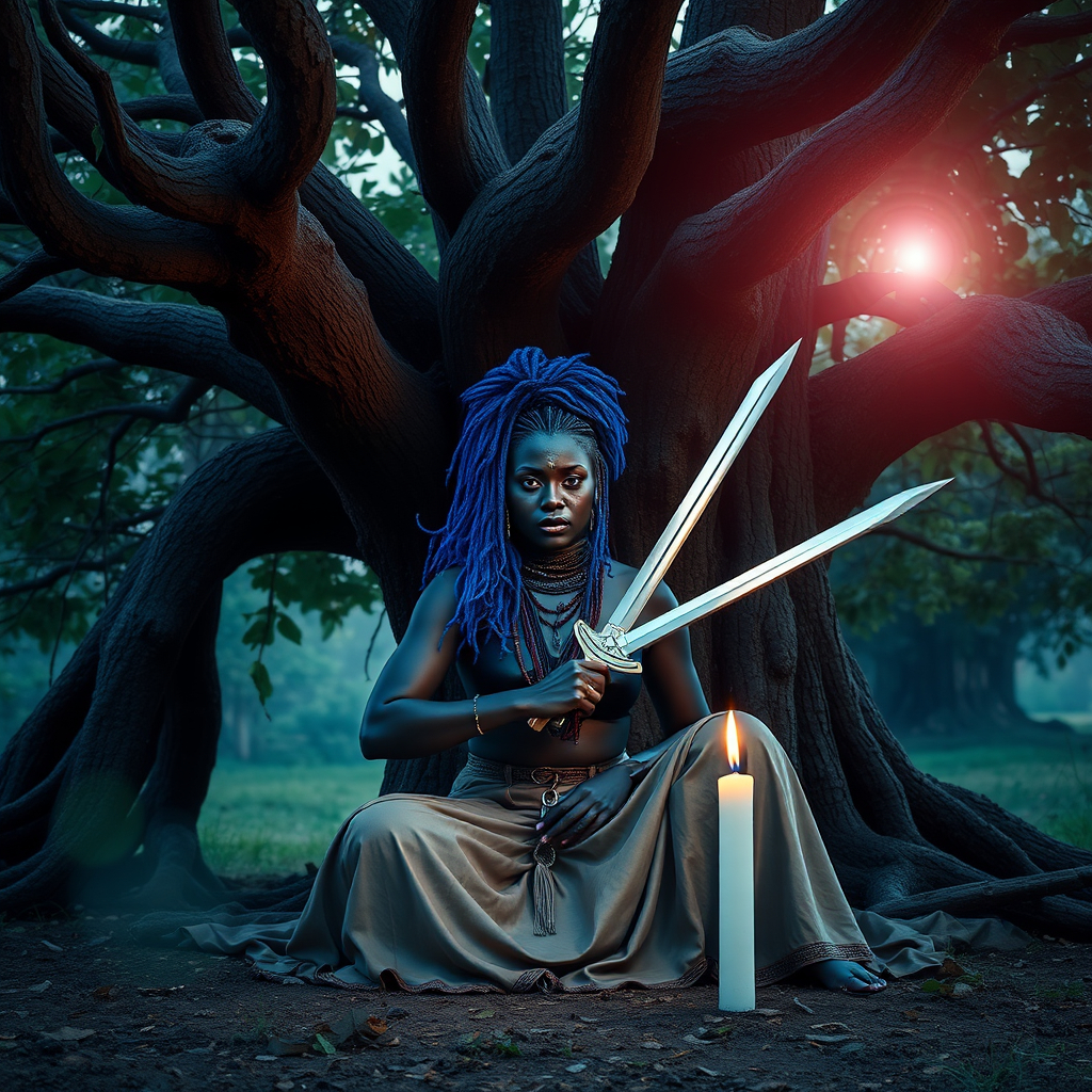 Mwen vle ou fè yon dame nwa ak koulè wob bleu épi yo...