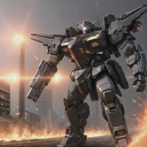 black battle mech moving through the streets of a ru...