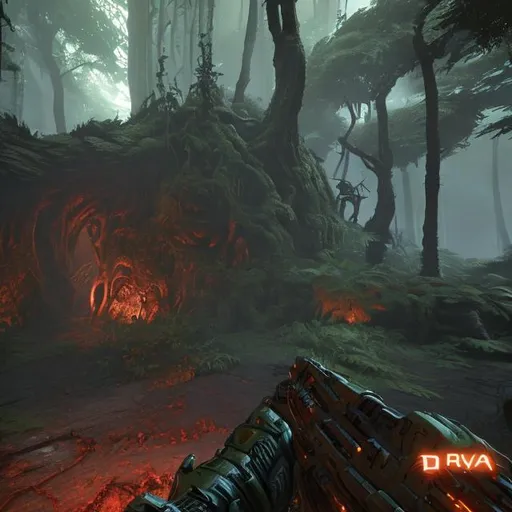 A forest with the doom slayer from doom eternal