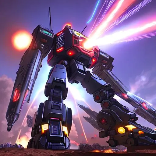 A giant walking mech firing a salvo of plasma cannon... | OpenArt